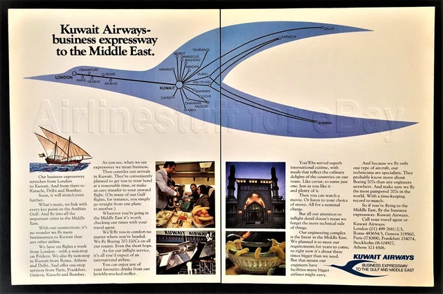 1974 KUWAIT AIRWAYS Route Map ad airlines advert Boeing 707-320C GULF ...
