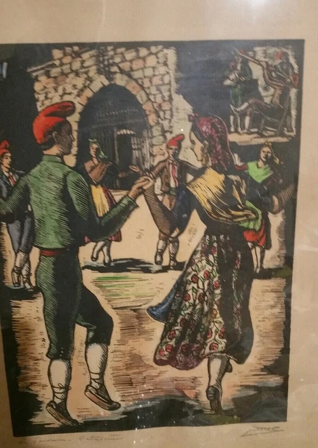 TABLEAU RARE 1940'S Original Juan Castells Marti Signed woodcut colour ...