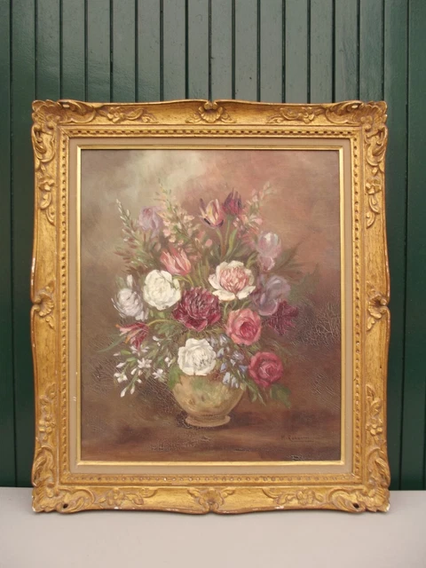 ANCIEN TABLEAU HUILE Sur Toile nature morte bouquet de fleurs signer M.Reheiser EUR 120,00 ...