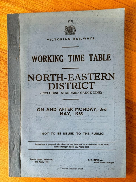 VICTORIAN RAILWAYS WORKING timetable North-Eastern District dated 3 May ...