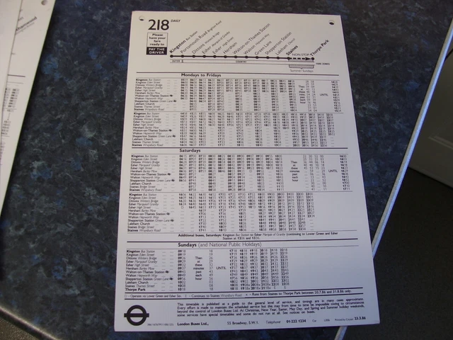 LONDON TRANSPORT BUS Stop Panel Timetable-Route 218-March 1986-Used Con ...