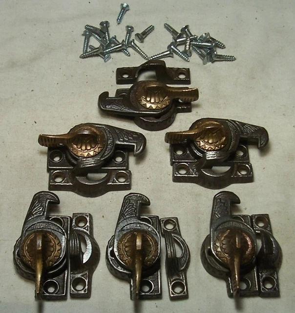 ANTIQUE WINDOW LOCK Six Cast Iron Brass Sash Vtg 1883 Eastlake Hardware ...