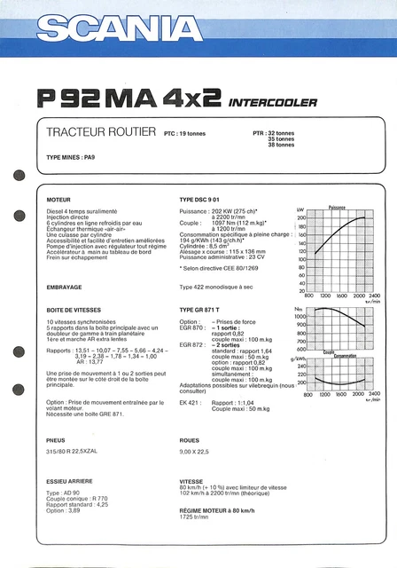 SCANIA TRUCKS / Technical Sheet / Tractor P 92 Ma 4 X 2 Intercooler £6. ...