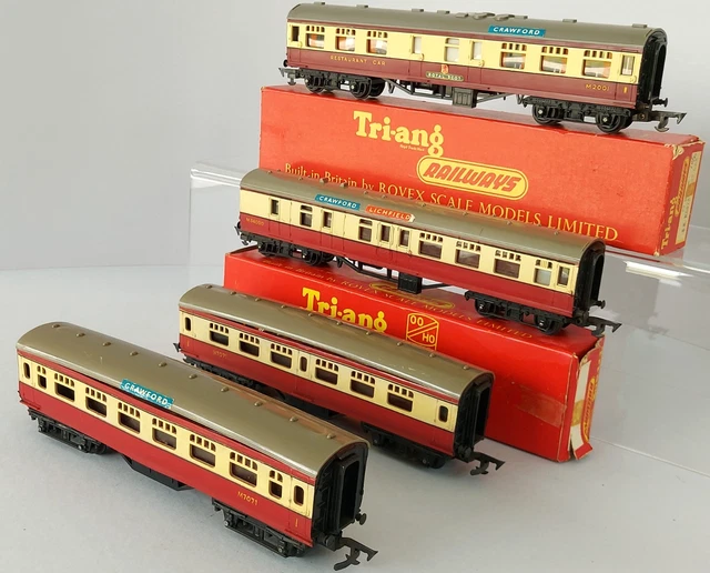 OO GAUGE TRI-ANG RAILWAYS Rake of x 4 B.R. Crimson & Cream Coaches £23. ...