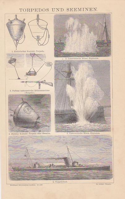 TORPEDOES TORPEDO BOAT Marine Mines WOODCUT from 1886 Marine Torpedo £8 ...