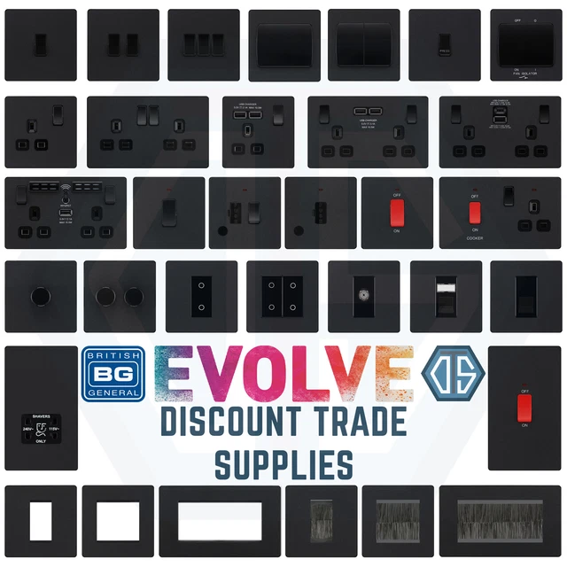 BG EVOLVE MATT Black Screwless Switches & Sockets Black Inserts Full ...