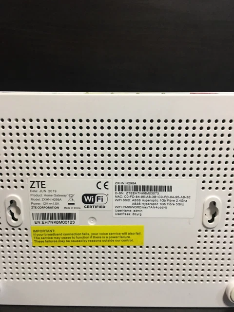 WIFI HYPEROPTIC ZTE ZXHN H298A Home Gateway 1gbps speed Router Fibre ...