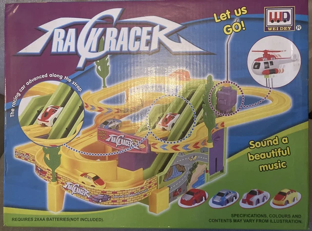 TRACK RACER RACING Car Set with 4 Miniature Cars Rotating Helicopter ...