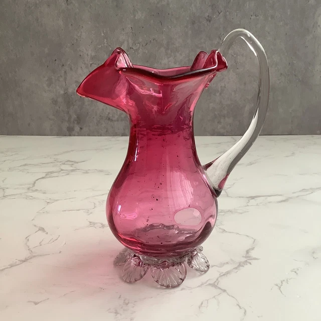 DECORATIVE ANTIQUE CRANBERRY Glass Jug Ruffled Rim Applied Clear Feet ...