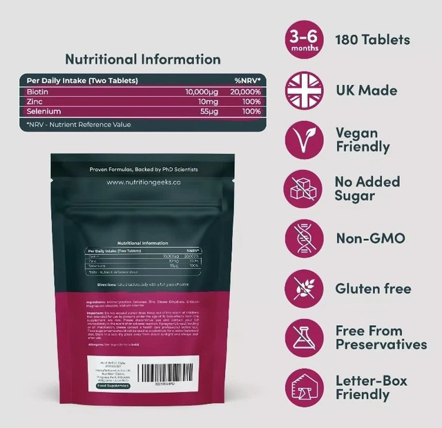 NUTRITION GEEKS BIOTIN Growth + suppliment with added zinc and selenium ...