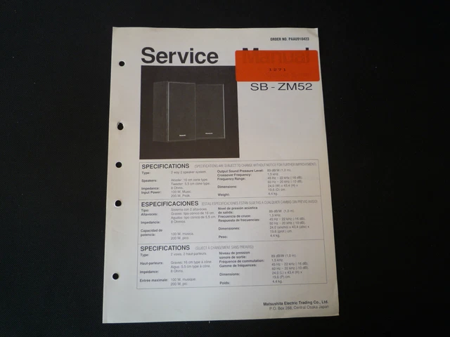 ORIGINAL SERVICE MANUAL Schaltplan Panasonic Technics SB-ZM52 EUR 8,00 ...