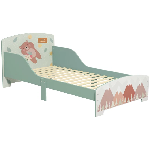 TODDLER BED FRAME Green MDF 77L x 143W x 60H cm Low Side Rails age 3-6 ...