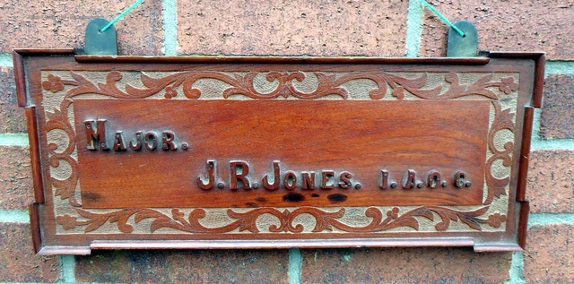 VICTORIAN ANTIQUE INDIAN Military campaign carved teak sign Major Jones ...