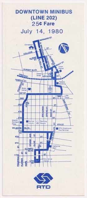 VINTAGE RTD DOWNTOWN Minibus Route Map Card Line 202 Los Angeles ...