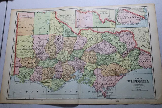 1904 ANTIQUE CRAM Map of VICTORIA, AUSTRALIA / 14x22" $24.99 - PicClick