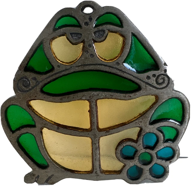VINTAGE BULLFROG CAST Metal Trivet Stained Glass Style Flower Green ...