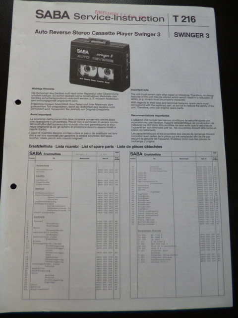 MANUEL D'ENTRETIEN ORIGINAL SABA SWINGER 3 EUR 10,90 - PicClick FR