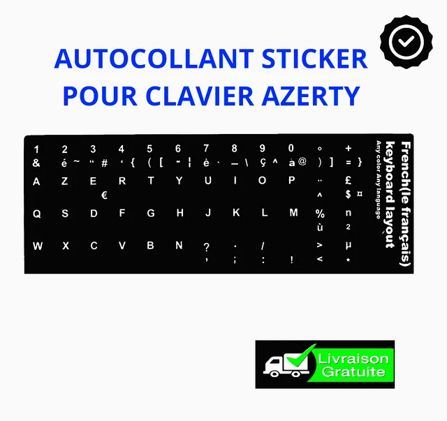 STICKERS AUTOCOLLANTS POUR Clavier AZERTY Français Fond noir pour PC ...