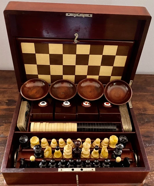ANTIQUE GAME BOX Mahogany Victorian: Chess, Checkers, Playing Cards ...