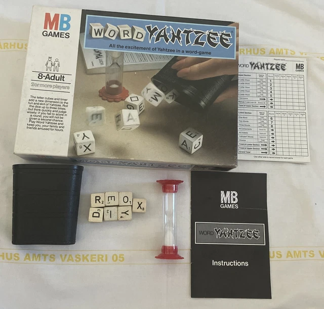 YAHTZEE MB GAMES Word Complete with 7 Letter Dice Score Pads Sandtimer ...