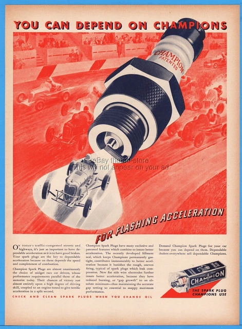1938 CHAMPION SPARK Plugs Ad Midget Race Car Driver Racing Track Garage ...