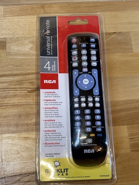 NEW - RCA RCRN04GR Universal 4 Device Remote Control Black Backlit ...