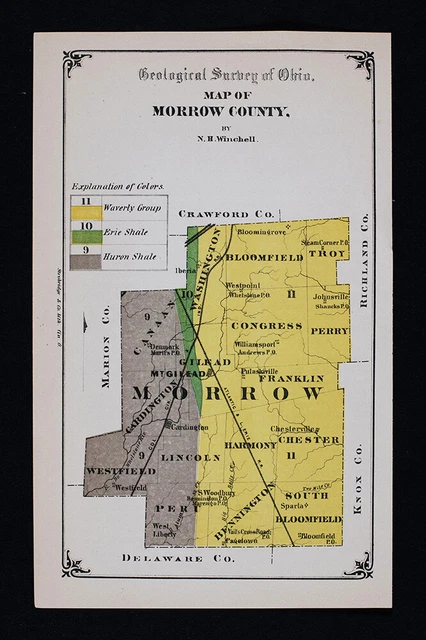 1873 GEOLOGY SURVEY Ohio Map Morrow County Mt. Gilead Cardington Iberia ...