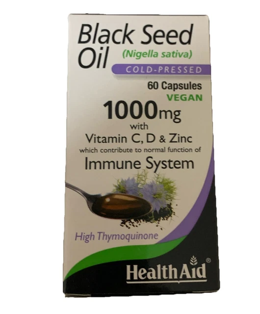 HEALTH AID BLACK Seed Oil 60 Capsules - Cold Pressed - Vegan With Vit C ...