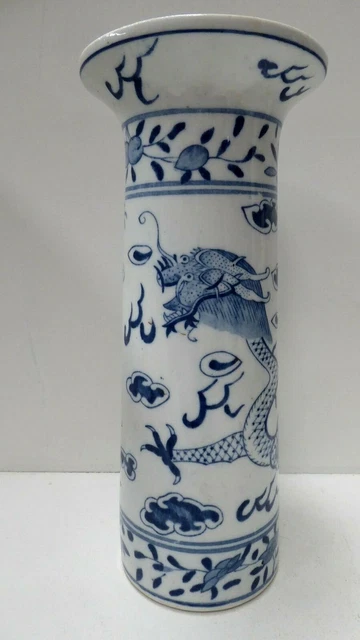 ANTIQUE CHINESE POTTERY Blue & White Hand Painted Dragon Vase Signed To ...