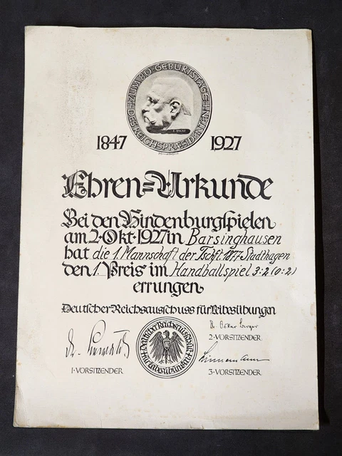GERMAN MILITARY AWARD document Ehren Urkunde HINDENBURG Birthday 1927 ...
