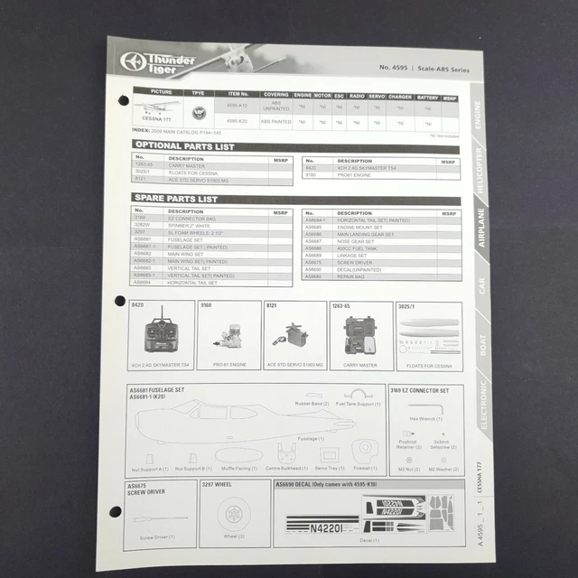 THUNDER TIGER AIRPLANE Cessna 177 Parts List and diagram sheet - 4595 £ ...