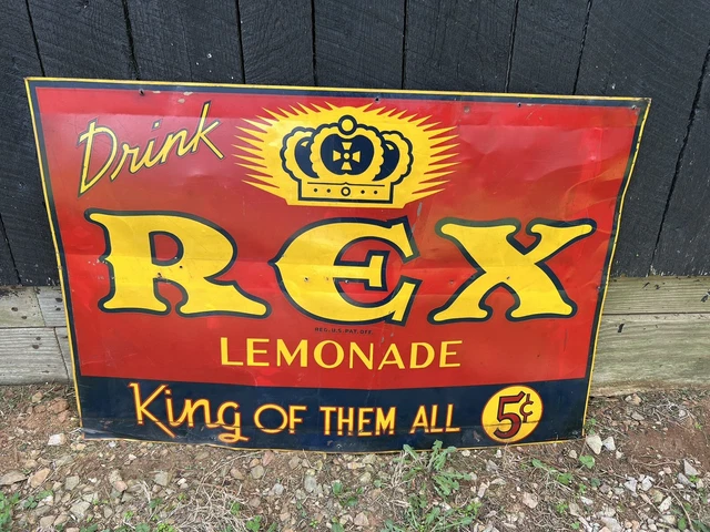 ORIGINAL VINTAGE RARE Rex Lemonade Soda Beverages Tin Metal Sign 36” X ...