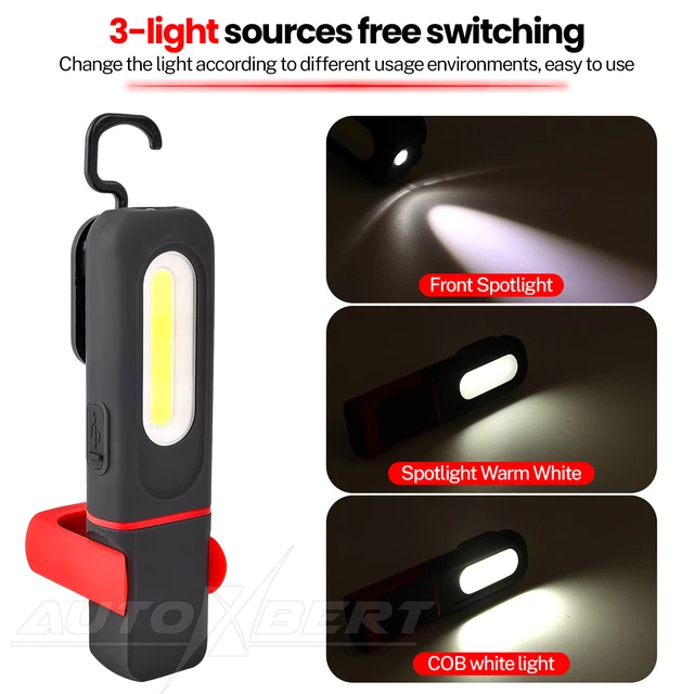 USB RECHARGEABLE COB LED Work Light Flashlight Folding Torch Lamp ...