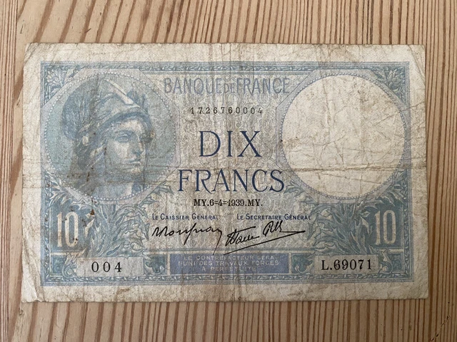 10 FRANCS DIX note 1939 Banque De France Vintage Banknote rare pre-WW2 £12.00 - PicClick UK