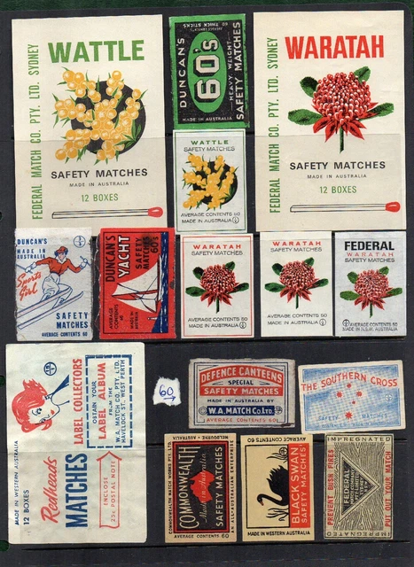 MATCHBOX LABELS RARE early Made in AUSTRALIA Different Varieties of ...