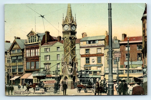POSTCARD LEICESTER CLOCK Tower, animated scene, trams, horse carts, posted 1906 £1.50 - PicClick UK