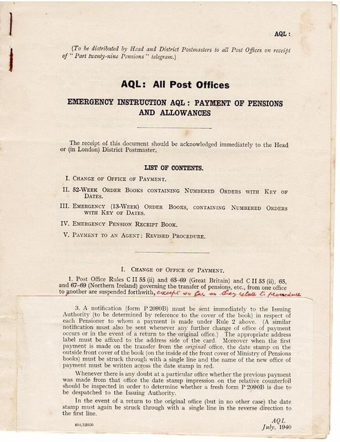 POST OFFICE 1940 Emergency wartime Payment of Pensions leaflet Home Front £11.12 - PicClick UK
