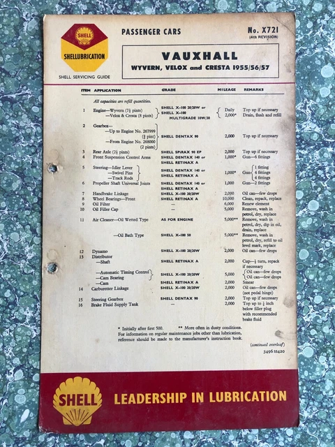 SHELL SERVICE GUIDE Lubrication Chart Vauxhall Wyvern Velox Cresta 1955 ...