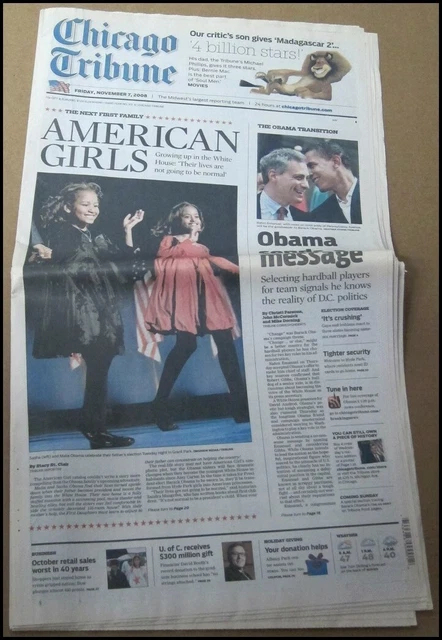 11/7/2008 CHICAGO TRIBUNE Newspaper President Barack Obama Daughters ...