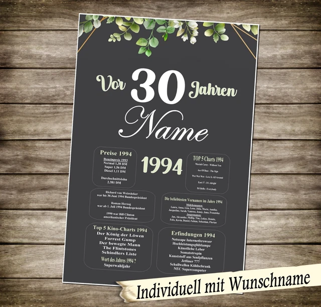 SCHILD KARTE URKUNDE Geb. 1994 - 30. Geburtstag - 30 Jahre - Chroniken ...