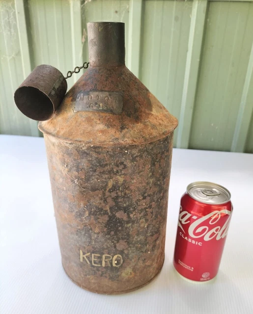 ANTIQUE MOTOR OIL Can Barrel Spout w Original Brass Label Cap Chain ...