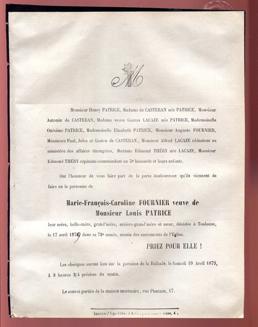 GÉNÉALOGIE FAIRE-PART DÉCÈS Mme Caroline FOURNIER veuve Louis PATRICE ...