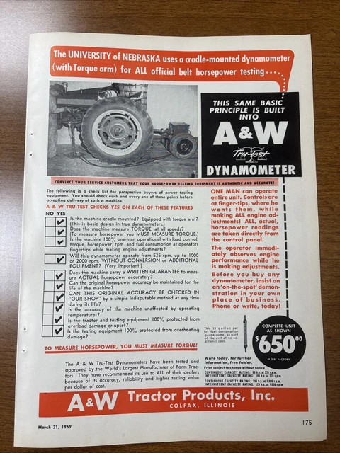 AW TRACTOR DYNAMOMETER Ad Vintage Antique John Deere Farmall ...