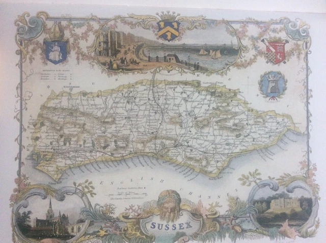 SUSSEX ANTIQUE COLOUR Map Thomas Moule County Maps of Old England 14 ...
