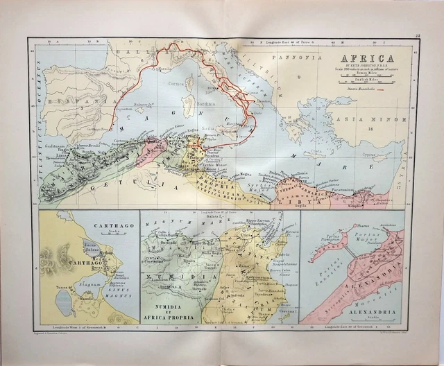 1885 ANCIENT & Classical Map Africa Numidia Byzacium Carthago ...