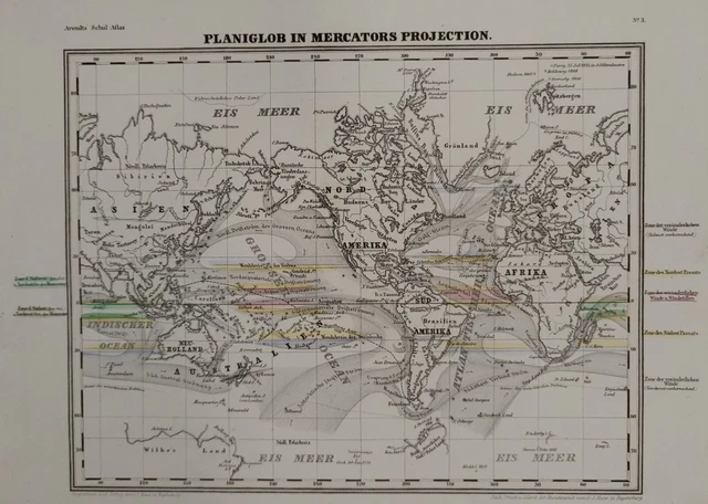 ORIGINAL ANTIKE LANDKARTE,WELT,WORLD map, Planiglob in Mercators ...