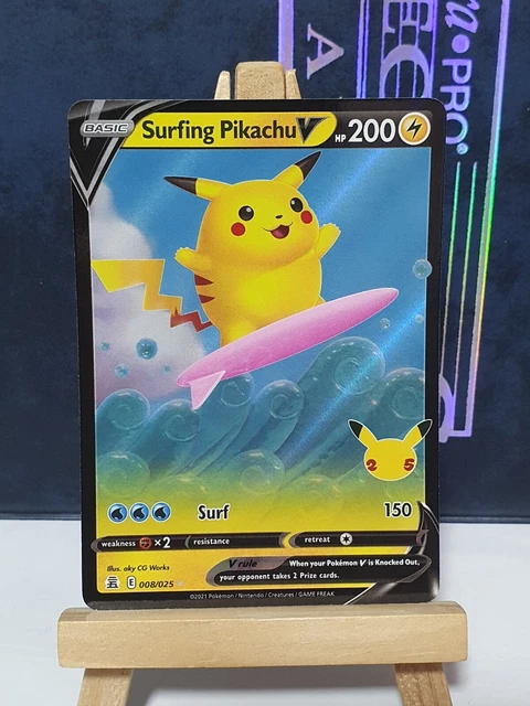 SURFING PIKACHU POKEMON Card TCG V Celebrations 008/025 Black Star ...