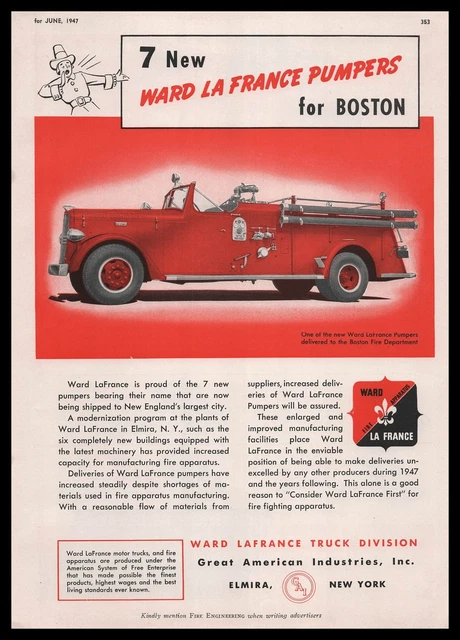 1947 BOSTON FIRE Department Ward LaFrance Fire Pumper Truck Engine ...
