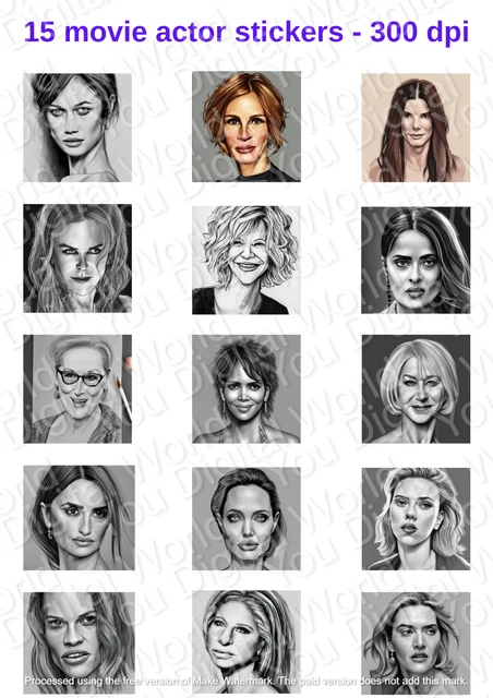 15 MOVIE FEMALE Actor Printable Stickers Clipart,Digital Fine Art ...