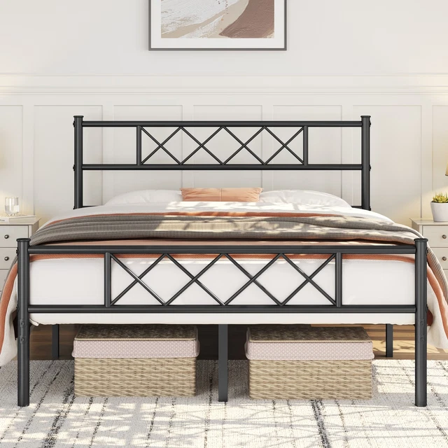 METAL BED FRAME Strong Slats Support No Box Spring Platform Bed Base £ ...